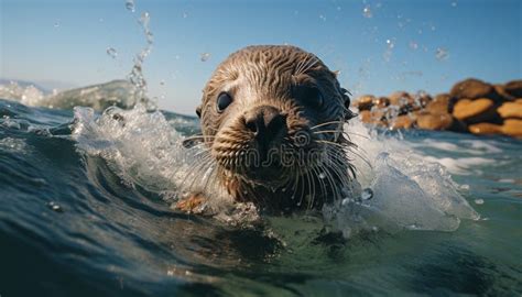Cute Seal Swimming In Blue Water Playful And Fun Generated By Ai Stock Illustration