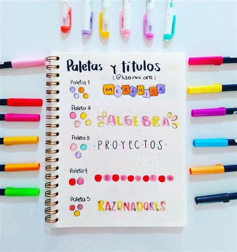 Títulos bonitos más paletas de colores Bullet Journal School Bullet