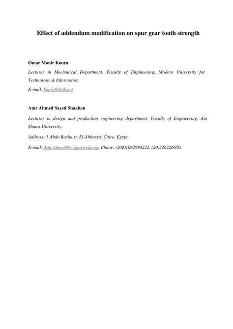 Pdf Effect Of Addendum Modification On Spur Gear Tooth Strength