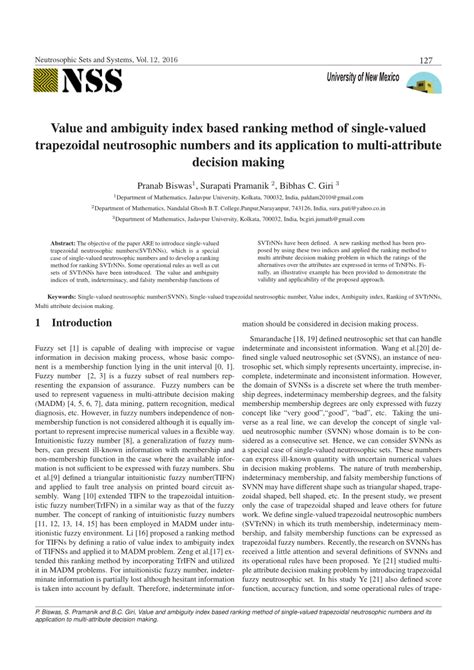 Pdf Value And Ambiguity Index Based Ranking Method Of Single Valued