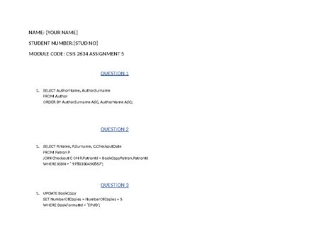 Assignment 5 Solutions For CSIS 2634 SQL Queries And Updates Studocu