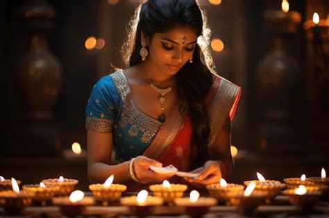 Premium Ai Image Women In Indian Tradition Dresss Holding Diya In Her