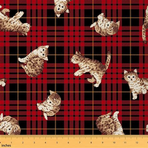 בד דקורטיבי חתול מצויר לפי מטר רשת אדומה שחורה בסגנון בית