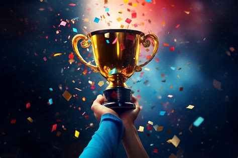Premium Ai Image Hand Holding Gold Trophy Cup With Confetti