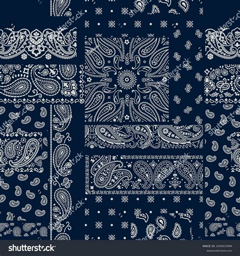 Blue Paisley Bandana Fabric Patchwork Abstract Stock Vector Royalty