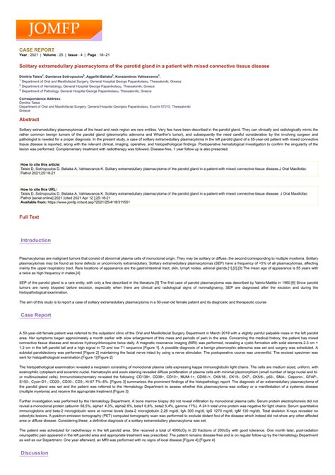 PDF Solitary Extramedullary Plasmacytoma Of The Parotid Gland In A Patient With Mixed