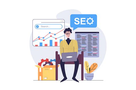 SEO Optimization Concept In Modern Flat Design For Web Man Analyzing Engine Search Data And