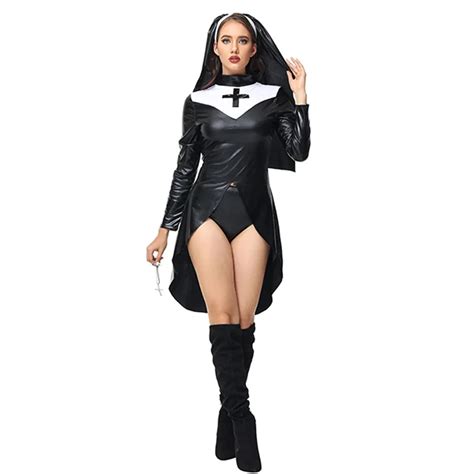 Sexy Nun Costume Adult Women Cosplay Dress With Hood Black Nun Sister Outfit Halloween Church