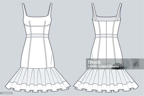 깎아 지른듯한 디테일의 기술 패션 일러스트 드레스 주름 장식 미니 드레스 패션 플랫 기술 도면 템플릿 스트랩 집업 슬림 핏 전면