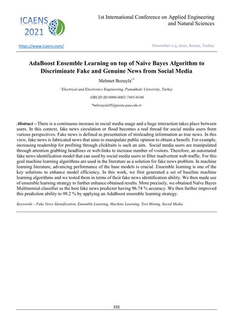 Pdf Adaboost Ensemble Learning On Top Of Naive Bayes Algorithm To