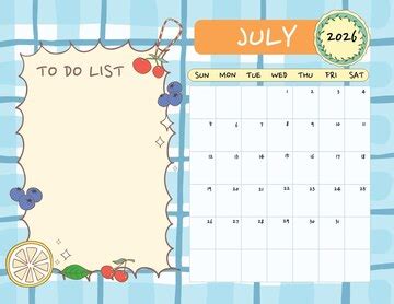 July 2026 Calendar With Cute Note Frame On Blue Gingham Background Coquette Style Premium Vector