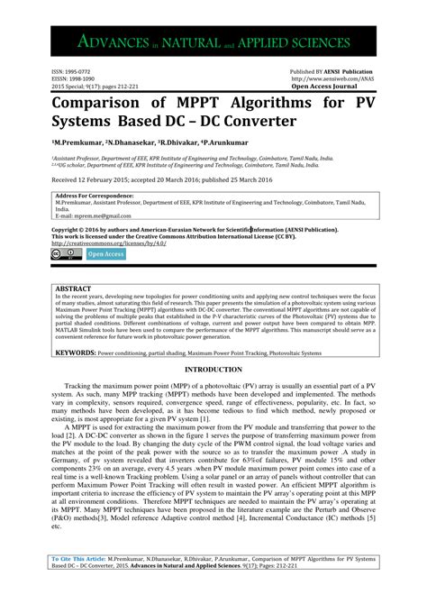 Pdf Comparison Of Mppt Algorithms For Pv Systems Based Dc Dc Converter