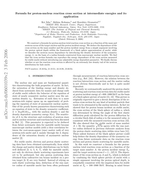 Pdf Formula For Proton Nucleus Reaction Cross Section At Intermediate Energies And Its Application