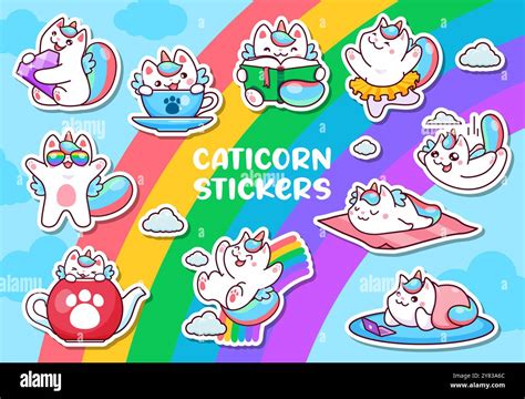 Cute Cartoon Caticorn Cat Or Kitten Characters Sticker Vector Funny Or