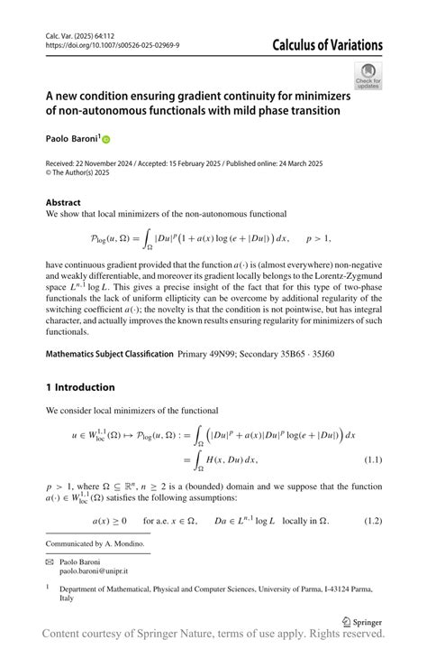 Pdf A New Condition Ensuring Gradient Continuity For Minimizers Of