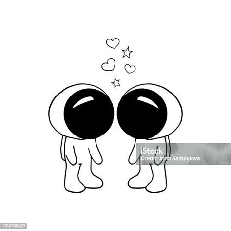 우주 비행사와 마음과 별이 인쇄됩니다 카드 포스터 스티커템플릿 벡터 핸드를 그린다 흑백 미니멀리즘 공간 사랑 커플 발렌타인 데이