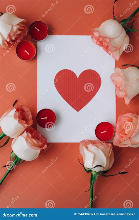 Heart Greeting Card On Paper Note Delicate Pink Roses On Pink