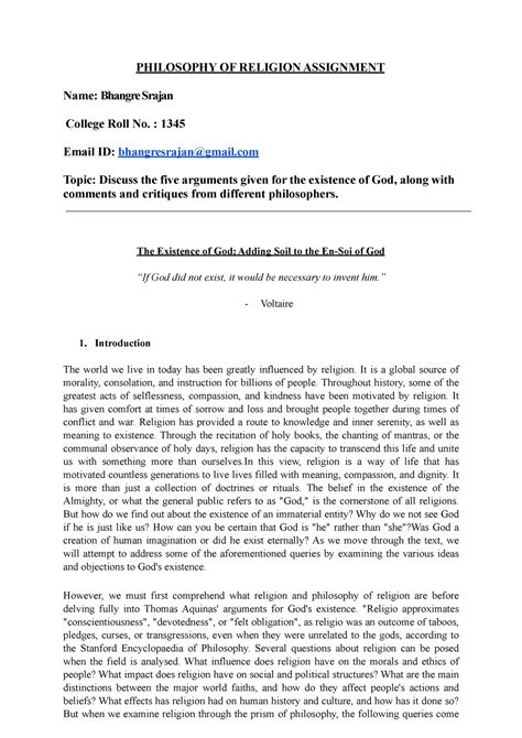 Philosophy Of Religion Assignment PHILOSOPHY OF RELIGION ASSIGNMENT Name Bhangre Srajan