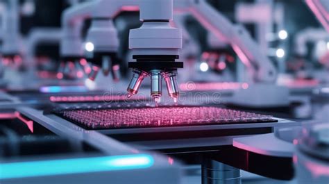 A Robotic Arm Inspects A Circuit Board In A High Tech Factory Stock