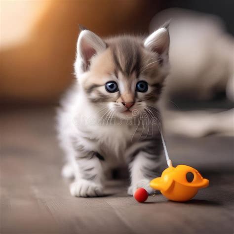 An Adorable Kitten With A Playful Expression Batting At A Toy Mouse With Enthusiasm2 Stock