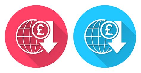 Pound Rate Decrease Round Icon With Long Shadow On Red Or Blue