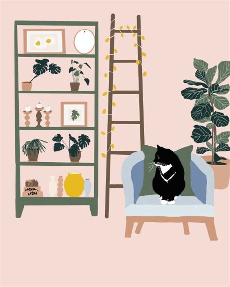 Greenery And Cat Illustration Cozy Cat Illustration With Plants
