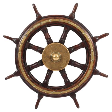 Antique Victorian Eight Spoke Mahogany And Brass Ships Wheel 19th