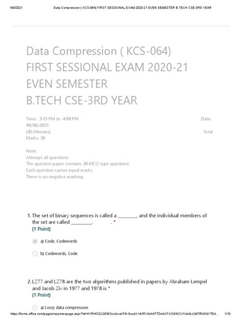 Data Compression Kcs 064 First Sessional Exam 2020 21 Even Semester B