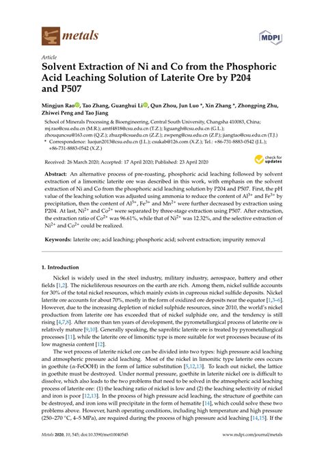 Pdf Solvent Extraction Of Ni And Co From The Phosphoric Acid Leaching Solution Of Laterite Ore