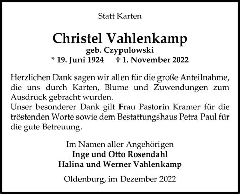 Traueranzeigen Von Christel Vahlenkamp Nordwest Trauerde