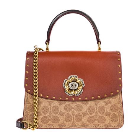 【coach蔻驰 斜挎包】coach蔻驰 Parker系列 女士铆钉帆布手提链条单肩包 53349 棕褐色黑色黄铜【正品 价格 图片