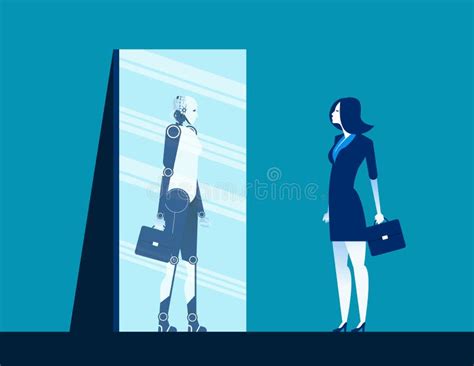 Businesswoman Standing And Looking Body In Mirror Of Robot Reflection Concept Business Vector