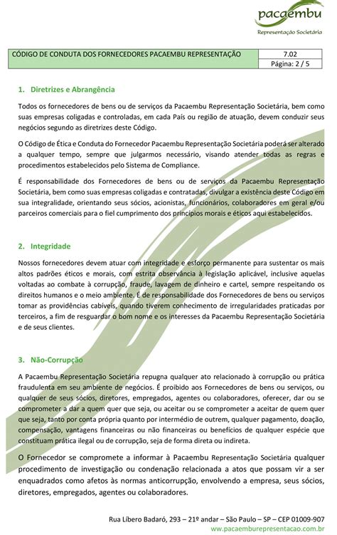 Código De Ética E Conduta Do Fornecedor Pacaembu Representação