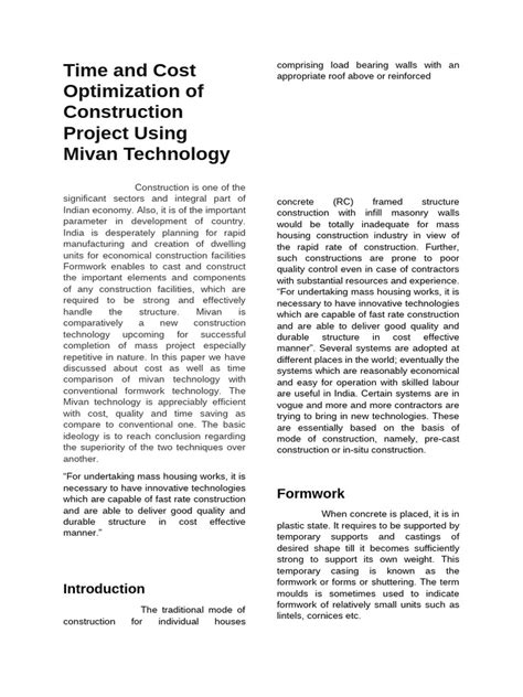 Time And Cost Optimization Of Construction Project Using Mivan Technology Pdf Concrete