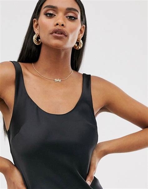 Asos Design Scoop Neck Midi Satin Slip Dress In Black Asos Satin