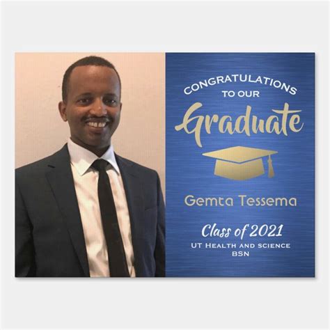 Congrats 2 Photo Brushed Blue Gold Graduation Yard Sign Zazzle