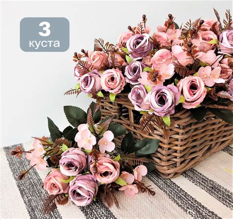 Купить Искусственные цветы 3 куста Букет розовых чайных роз с цветочками сакуры 31 см для