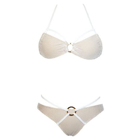 Maillot De Bain Deux Pièces Bandeau Beige Et Maille Résille Blanche