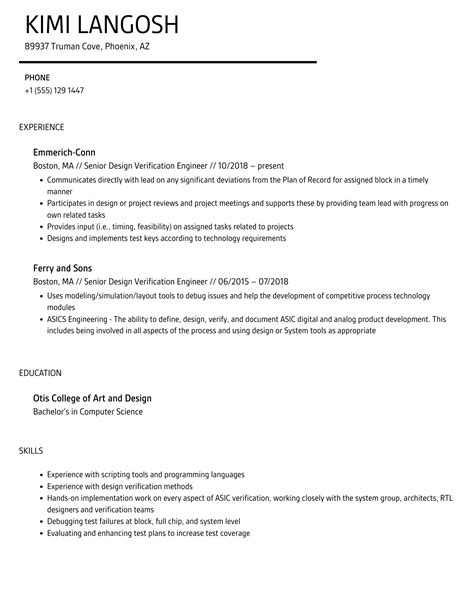 Senior Design Verification Engineer Resume Samples Velvet Jobs