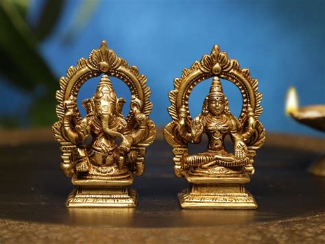 Brass Lakshmi Ganesha Set Hindu God Idol 9 Cm Brass Laxmi Ganesh Set