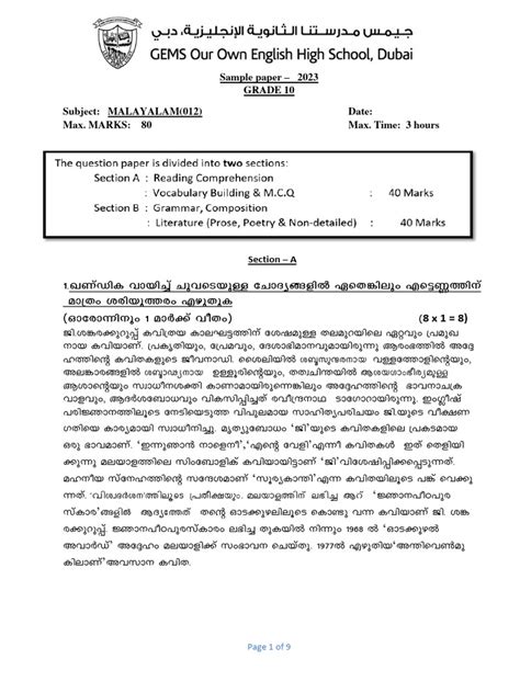 Question Sample Paper Malayalam Pdf