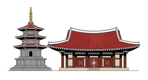 Traditional Asian Architecture Pagoda And Temple Illustration With Red