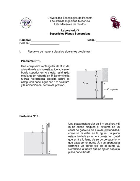 Lab 3 Mec Fluidos Problema N° 1 Una Compuerta Rectangular De 3 M