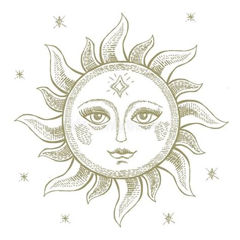 Sun Face Hand Drawing Engraving Style