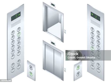 절연 평면 그림 오픈 및 닫힌된 크롬 사무실 건물 엘리베이터 문을 현실적인 홀 인테리어 금속 패널 단추 아이소메트릭 엘리베이터 디자인 모음 엘리베이터에 대한 스톡 벡터 아트