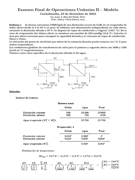 Examen Final De Operaciones Unitarias Ii Ii 2022 Pdf Agua Calor