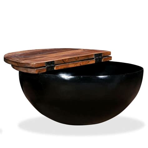 Mesa De Centro Forma De Bol Madera Maciza Reciclada Negro