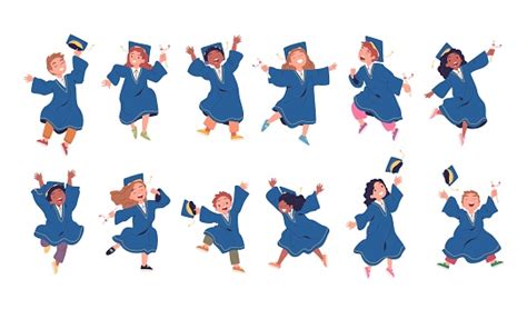 졸업 가운을 입은 아이들 가운 학사 졸업장 유치원 또는 학교 졸업식 만화 귀여운 아이 축하 교육 졸업 고급 벡터 일러스트 레이