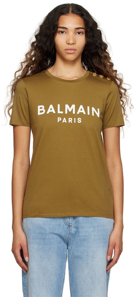 Balmain Khaki Printed T Shirt Ssense