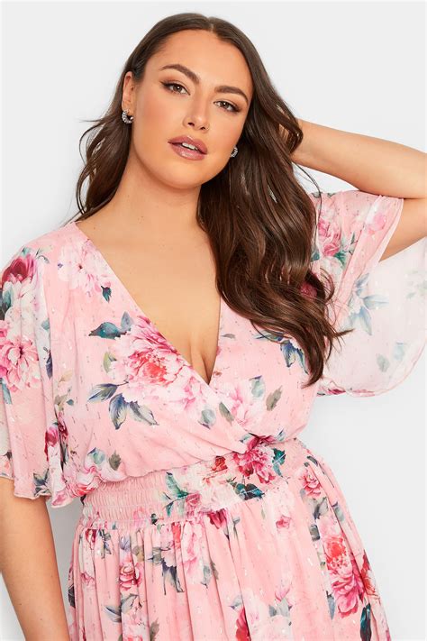 Yours London Plus Size Curve Pink Angel Sleeve Floral Shirred Dress
